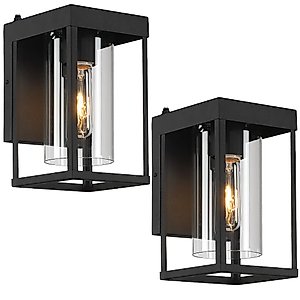 LAMPRESSION 2-Pack Black Outdoor Wall Light Fixtures, Dusk to Dawn Exterior Wall Lantern Sconce, 9" H Outdoor Porch Light Wall Mount with Clear Glass Shade