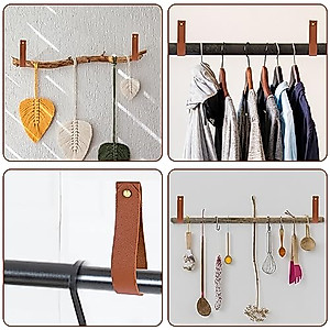simarro 4Pcs PU Leather Hook Lanyard, Wall Hanging Straps Hanger Wall Mounted Hooks Towel Hook Curtain Rod Holder for Bathroom Kitchen Bedroom Boho Style Decor (Brown)