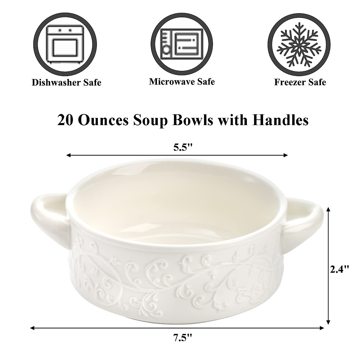 Okllen 4 Pack Ceramic Soup Bowls with Handles, 20 Oz Glazed French Onion Soup Bowls Embossed Cereal Bowls, Stackable Serving Bowls for Stew, Pasta, Chill, Oven Dishwasher Safe, 4 Colors