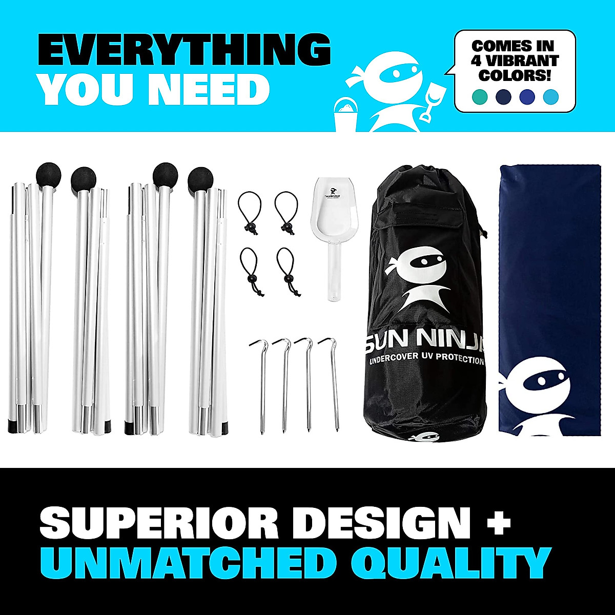 SUN NINJA Beach Tent Sun Shelter with UPF50+ Protection, Includes Sand Shovel, Ground Pegs and Stability Poles, Outdoor Pop Up Beach Shade Canopy for Camping, Fishing, Backyard Fun or Picnics