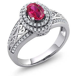 Gem Stone King 925 Sterling Silver Red Created Ruby Ring For Women | 1.36 Cttw | Oval 6X4MM | Available In Size 5,6,7,8,9