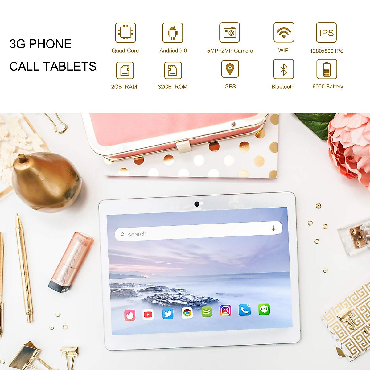 IBBWB Tablet 10 inch Android 9.0,3G Phone Call,2GB RAM, 32GB Storage, 6000mAh Battery, Dual Sim Card Slots and 5MP Rear Camera, WiFi,Bluetooth, GPS, FM, Metallic