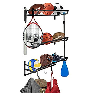 Lineslife Wall Mount Sports Equipment Storage Rack,3 Shelf Separate Garage Ball Organizer for School,Gym,Home