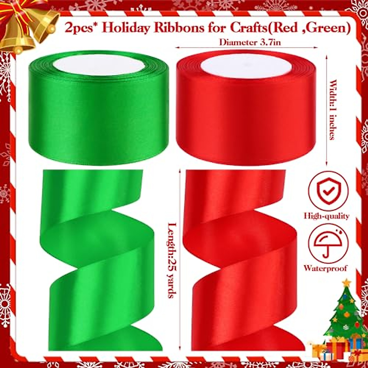 2 Rolls Christmas Ribbon 1 Inch X 50 Yards Red and Green Satin Ribbon Double Faced Polyester Holiday Ribbons for Gift Wrapping Wedding Decor