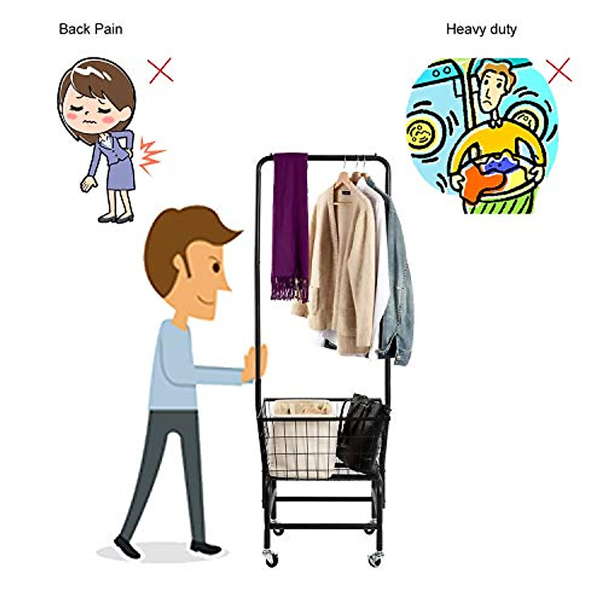 Rolling Laundry Hamper Basket Cart with Wire Storage Rack and Hanging Rack Black