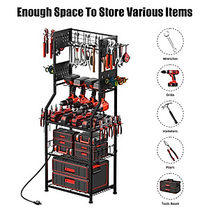 CCCEI Garage Small Power Tools Organizer Floor Stand, Drill and Battery Storage Rack with Charging Station, All Metal Tool Shelf with Pegboard and Hooks, Gift for Men.