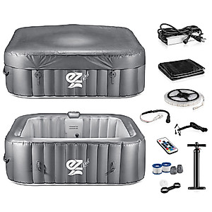SereneLife Outdoor Portable Hot Tub - 73'' x 73'' x 25'' 6-Person Square Inflatable Heated Pool Spa with 130 Bubble Jets, Filter Pump, Cover, LED Lights, and Remote Control