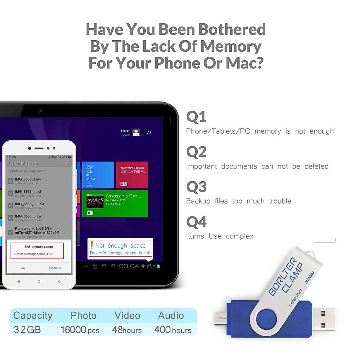 BorlterClamp 32GB USB Flash Drive Dual Port Memory Stick, OTG Swivel Thumb Drive with Micro USB Drive Port for Android Smartphone Tablet & Computer (Blue)