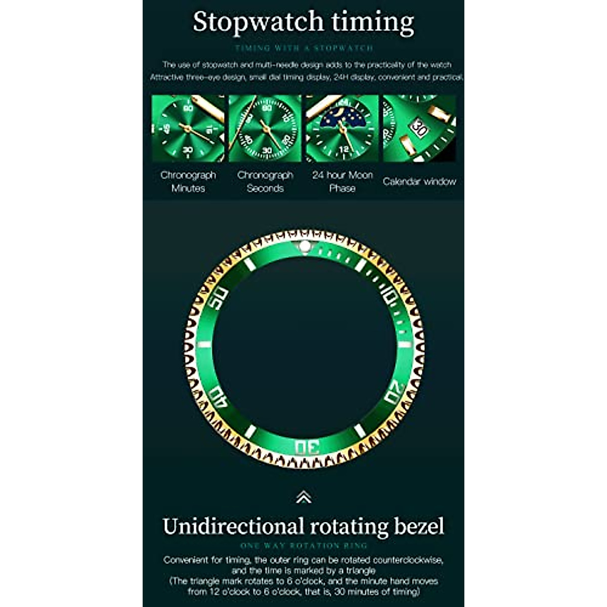 OLEVS Mens Watches Green Chronograph Luxury Dress Moon Phase Quartz Stainless Steel Waterproof Luminous Business Calendar Wrist Watch