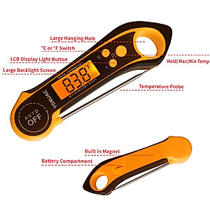 YOXIJAC Instant Read Meat Thermometers for Cooking Waterproof Digital Food Thermometer for Grill BBQ Candy Thermometer with Backlight, Magnet, Calibration, and Long Foldable Probe Thermometer