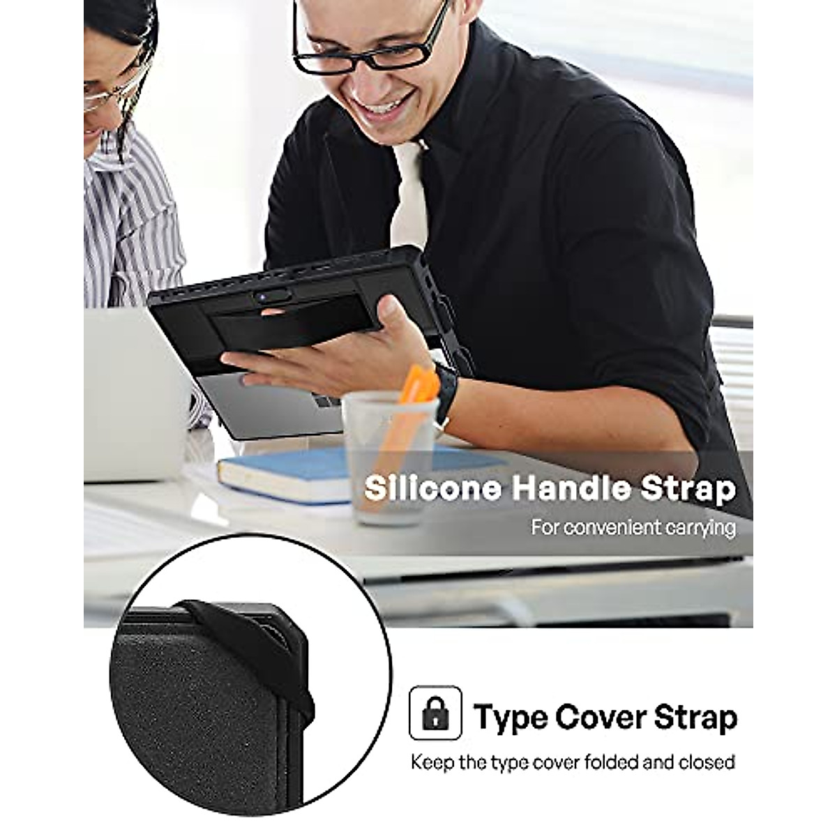 ProCase Case for 12.3" Microsoft Surface Pro 7 Plus, Pro 7, Pro 6, Pro 5, Pro 2017, Pro 4, Pro LTE, Rugged Protective Cover with Pencil Holder, Hand Strap, Compatible with Type Cover Keyboard -Black