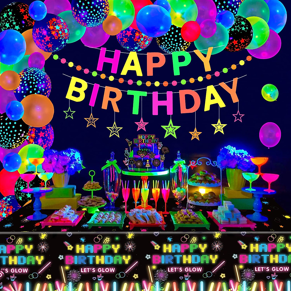 80 Pack Glow Neon Party Supplies Glow Party Decorations Black Light Reactive Decor Set - Fluorescent Banner, BlackLight Garland, Hanging Stars, Glow in The Dark Balloons, Neon Tablecloth, Cake Toppers