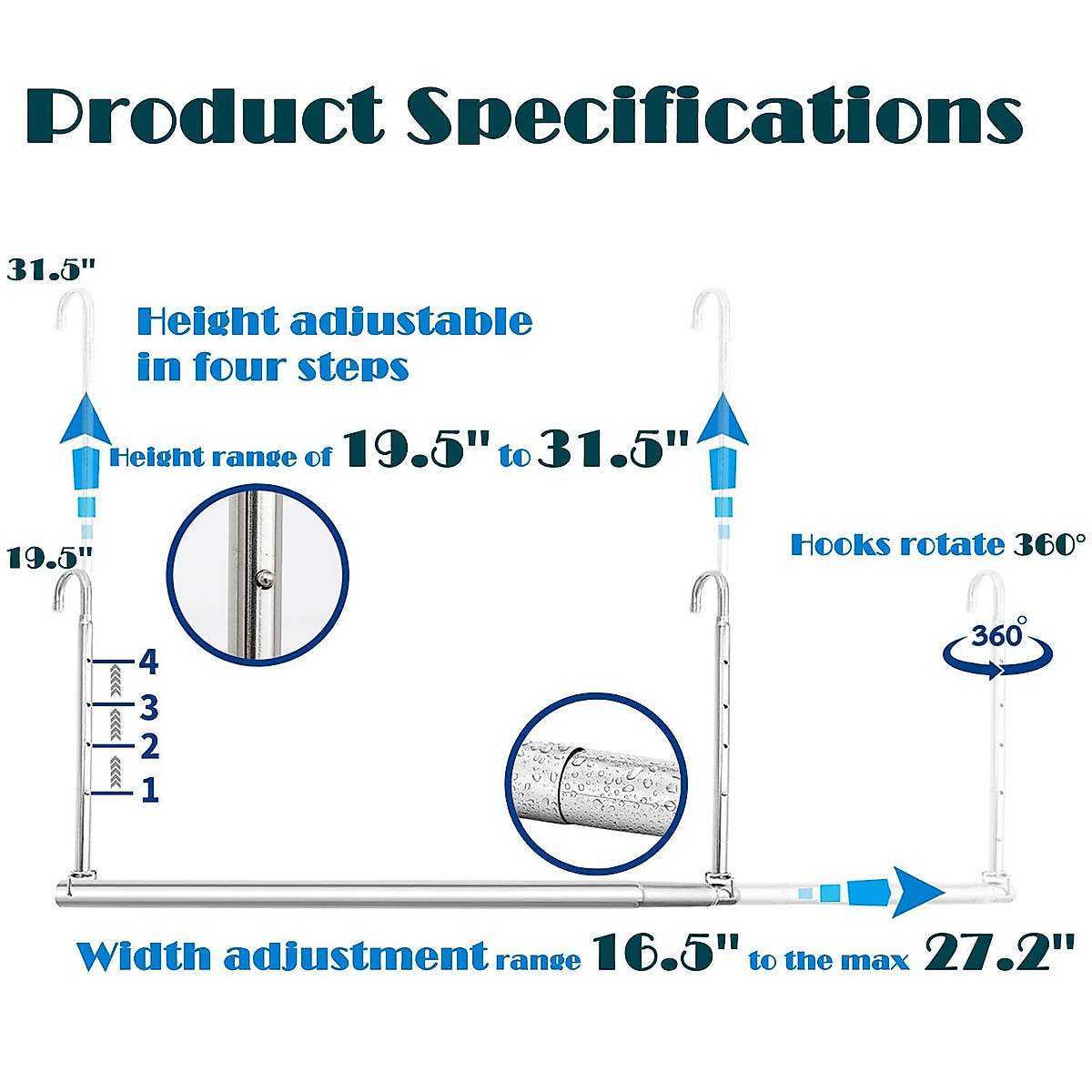 HDbonemu Closet Hanging Rod, Adjustable Width and Height Space-Saving Clothes Hanging Bar, 1 Pack Chrome
