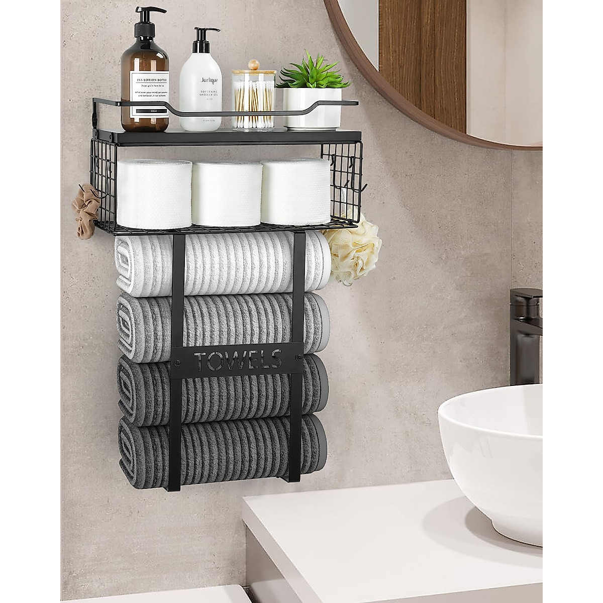 Towel Racks for Bathroom Wall Mounted - Bath Wall Towel Storage Holder Set Above Toilet, Rolled Towel Shelf Organizer for Small Bathroom Black, Wood Vertical Towel Rack for Bathroom Wall Decor