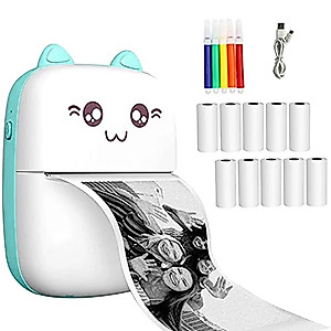 Mini Printer Portable,Wireless Bluetooth Thermal Printers,with 10 Rolls Printing Paper and 5 Colored pens for Inkless Printing Gift for Label Receipt Photo Notes Study Home Office, Blue