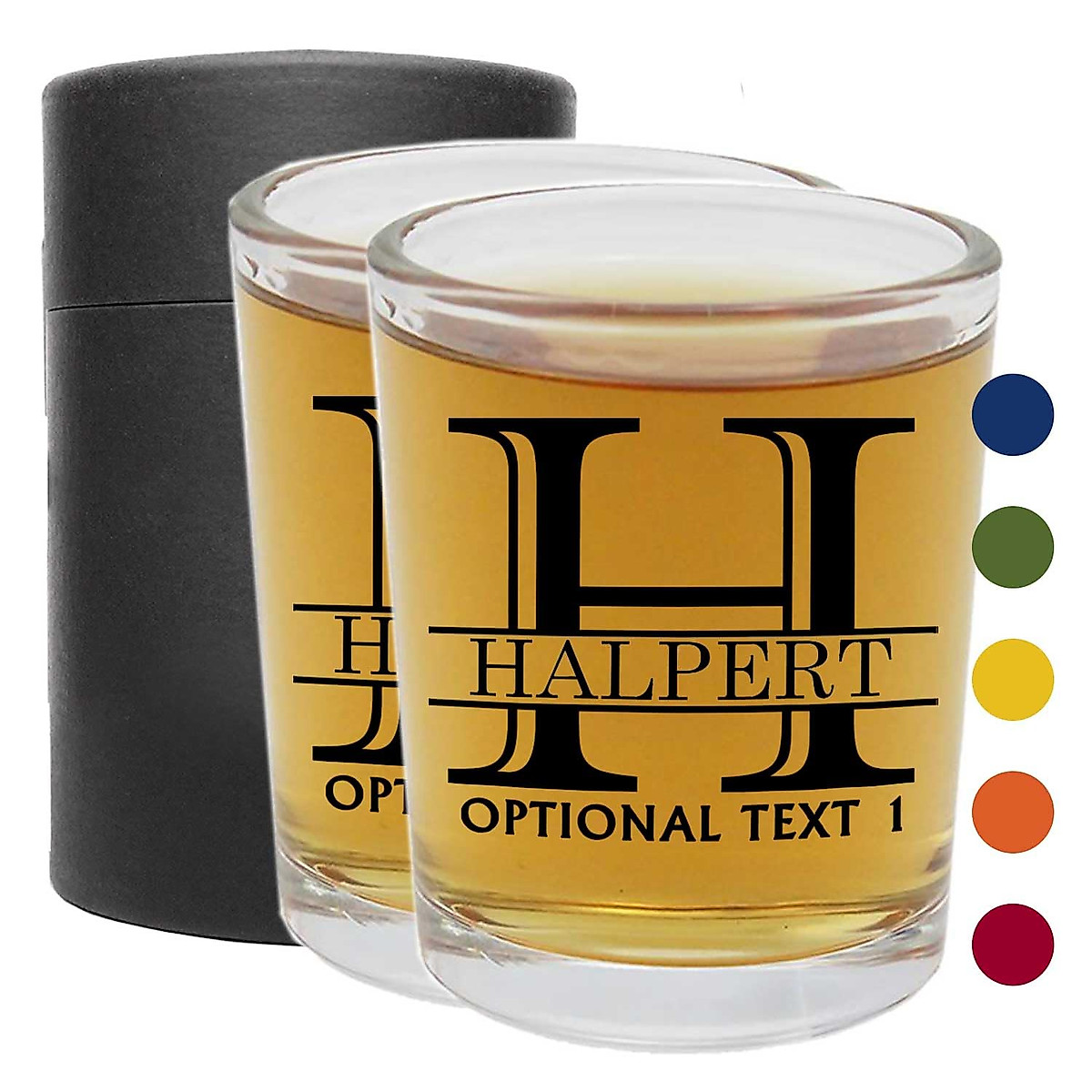 Spotted Dog Company Personalized Printed 2pk of two 2.5oz Shot Glasses, Halpert, Custom Name Initials Monogram Groomsmen and Bridesmaid Gifts Cute, 16 Colors