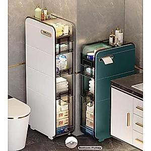 QQXX Freestanding Bathroom Floor Cabinet,Large 2/3/4 Tier Narrow Dresser,with Clear Drawers & Wheels Slim Toilet Storage Drawers Tower,for Small Spaces and Gaps, Toilet Bathroom Storage Floor Cabinet