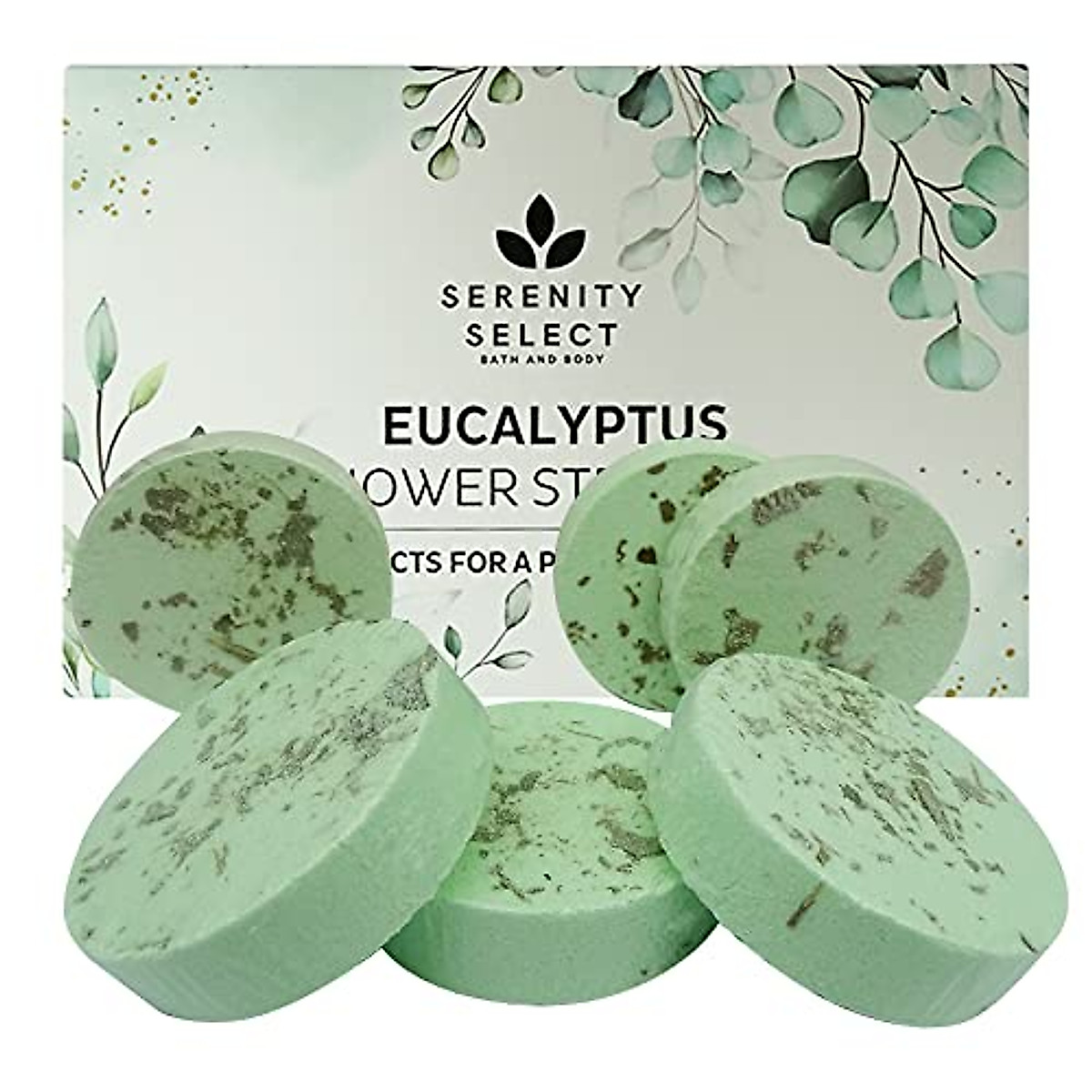 Serenity Select Eucalyptus Shower Steamers Organic Aromatherapy Shower Bombs with Essential Oil 6 Shower Vapor Tablets for Stress Relief & Relaxation. Great Stocking Stuffer for Christmas Hanukkah