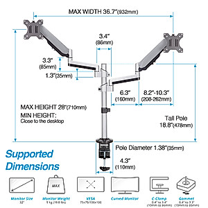 AVLT Dual 13"-32" Stacked Monitor Arm Desk Mount fits Two Flat/Curved Monitor Full Motion Height Swivel Tilt Rotation Adjustable Monitor Arm - Extra Tall/VESA/C-Clamp/Grommet