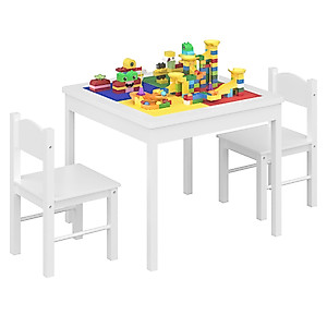 4NM 3 in 1 Kids Table Set for 2, Children Table and Chairs, Toddler Play Activity Table with Hidden Storage Wood Building Block Table Desk for Ages 3-7- Color White
