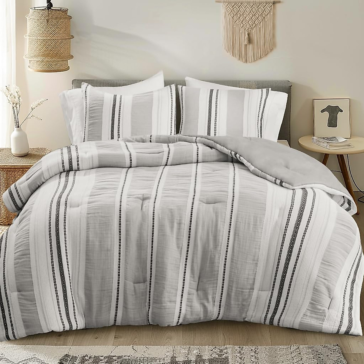 Hyde Lane Neutral Farmhouse Bedding Set, 3 Pieces Full/Queen Size Grey Comforter Sets, Cotton Top with Modern Rustic Style Stripes Including 1 Comforter 2 Pillowcases