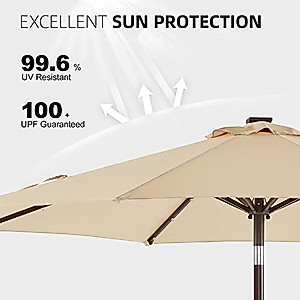 wikiwiki 9ft Outdoor Patio Table Umbrella, Sturdy Solar Led Market Umbrella for Deck, Pool, Garden w/Tilt, Crank, 32 LED Lights - Beige