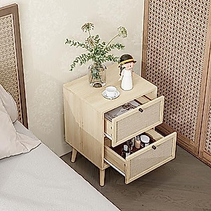 Rattan Nightstand Set of 2, End Table rattan bedside table Side Table with 2 Hand Made Rattan Decorated Drawers Wood Accent Table with Storage 2-Drawer for Bedroom, Living Room, Natural 2 Pack