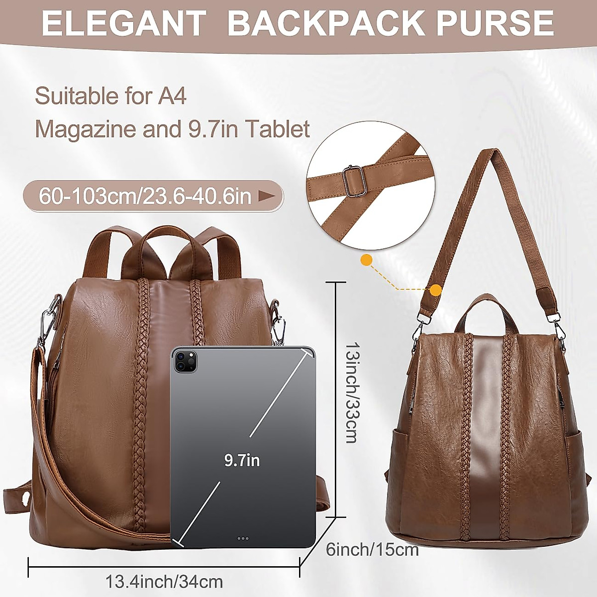 Backpack Purse for Women,VASCHY Fashion Faux Leather Anti-theft Backpack Purse Small for Ladies Bookbag Purse with Vintage Weave Brown