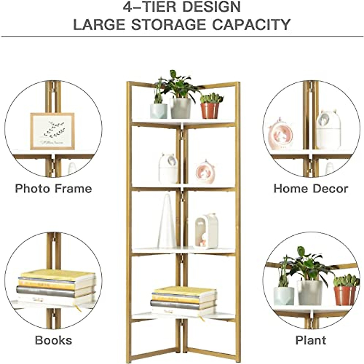 VERYKE 4 Tier Corner Shelf Standing Display Rack Corner Bookshelf Storage Plant Rack with Metal Frame Multipurpose Plant Stand for Living Room, Office, Kitchen, Small Space (Gold/White)