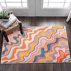 YoKii Vintage Abstract Small Area Rug 2x3 Faux Wool Hippie Aesthetic Colorful Striped Geometric Non-Slip Bathroom Rubber Backed Throw Rug for Kitchen Entryway Indoor Doormat, Orange and Blush