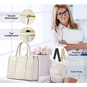 Tote Bags for Women - Canvas Tote Bags Shoulder Crossbody Bags Purse with Zipper School Fashion Handbag (White, 13in X 5.5in X 10in)