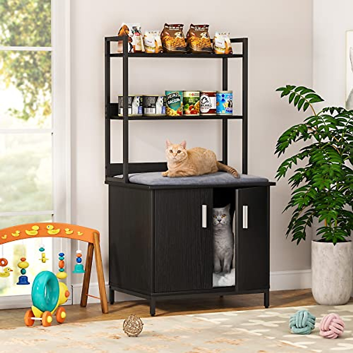 Tribesigns Litter Box Enclosure, Industrial Cat Cabinet with Shelves and Doors, Wood Pet Crate Hidden Cat Washroom for Most of Litter Box, Indoor Cat House Furniture, Black