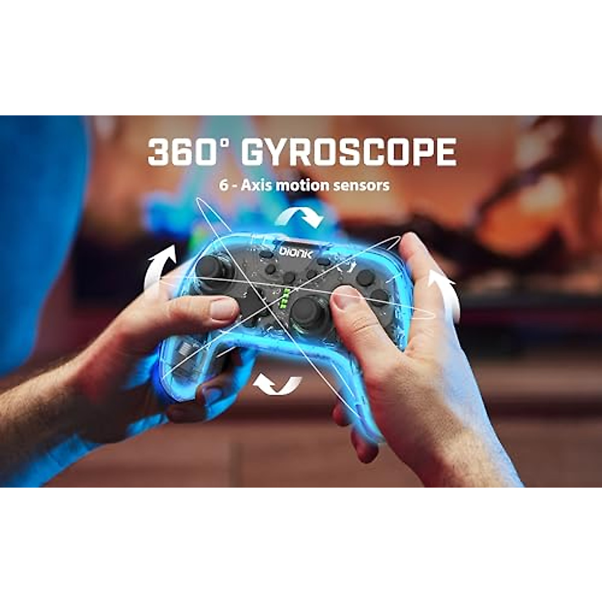 Bionik Neo Glow Nintendo Switch Wireless Controller: RGB Game Controller with Motion, 900 mAh Rechargeable Battery, Turbo Mode/Gyroscope/Transparent Shell/PC/Android