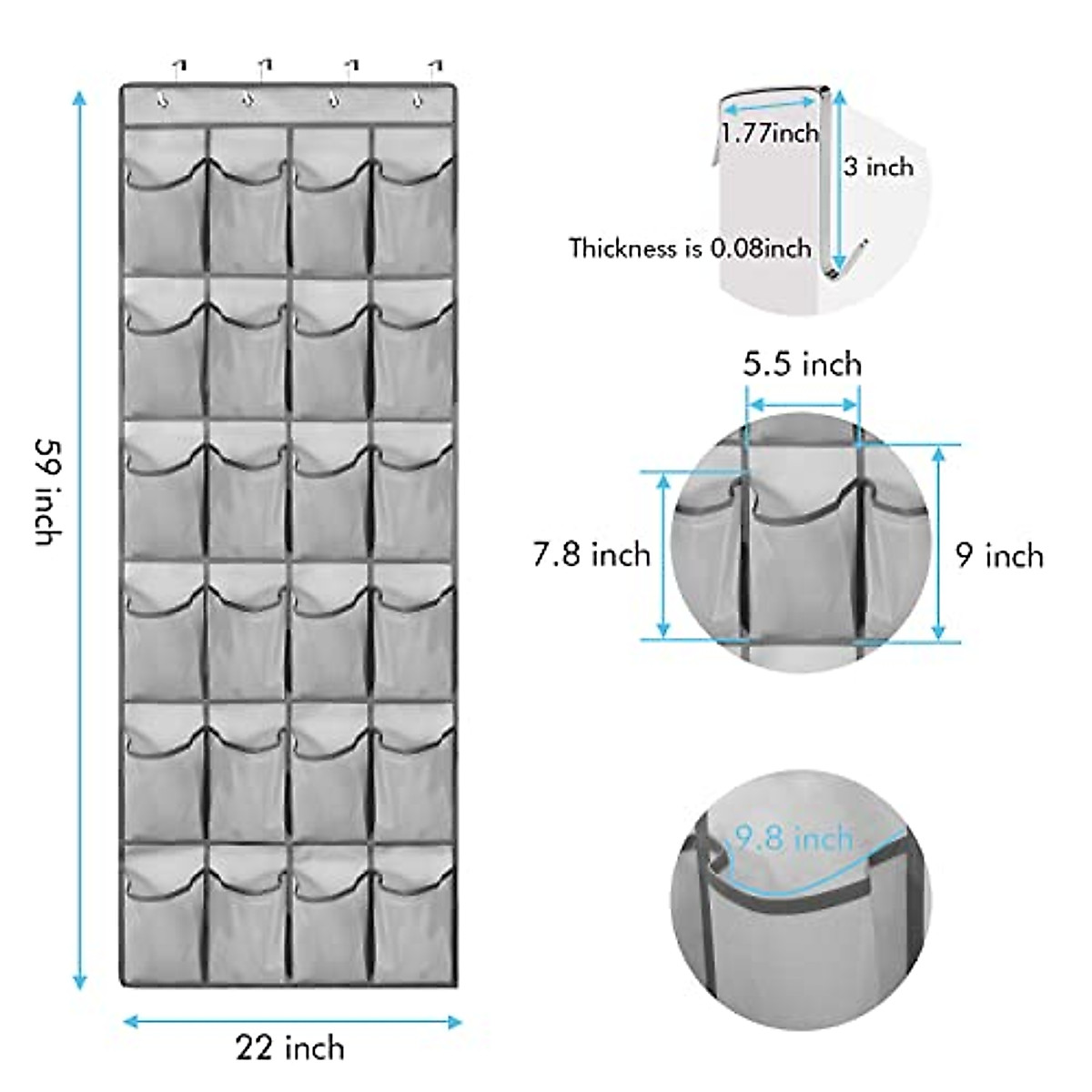 Felibeaco 2 Pack Over The Door Shoes Organizers, Behind Door Shoes Hang Holder Rack with 48 Mesh Large Pockets, Clear Fabric Shoes Hanger Storage Organizer Bag for Bedroom,Pantry,Dorm,Gray