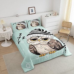Owl Sherpa Comforter Set Queen,Sleeping Sign Bedding Set 3pcs for Kids Teens Girls Room Decor,Contemporary Style Quilt Set Romantic Duvet Insert with 2 Pillowcases,Light Green