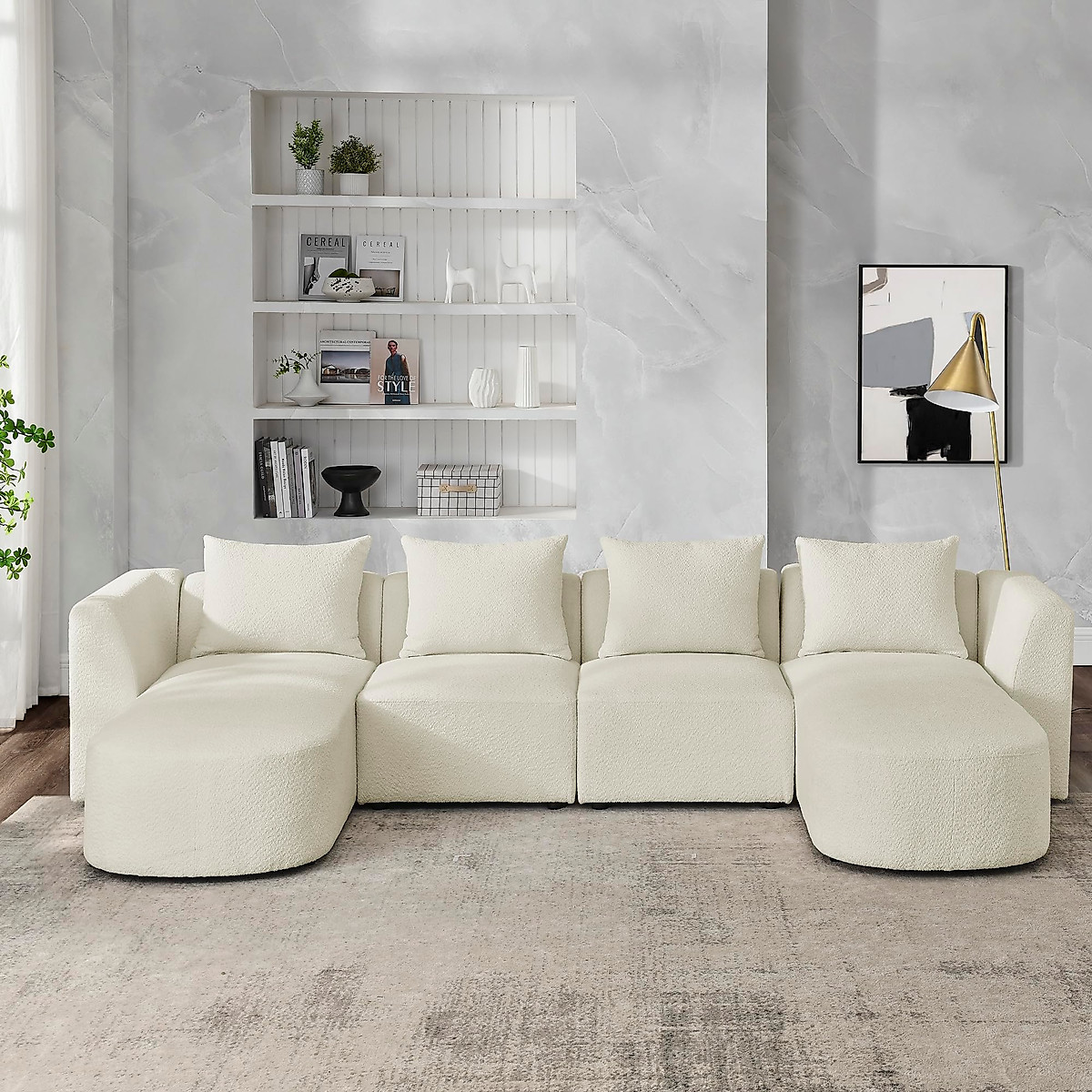 Quarte U Shape Sectional Sofa,Modular Sofa with Two Single Seat, Two Chaises,DIY Combination, Loop Yarn Fabric (Beige/5 Seat)