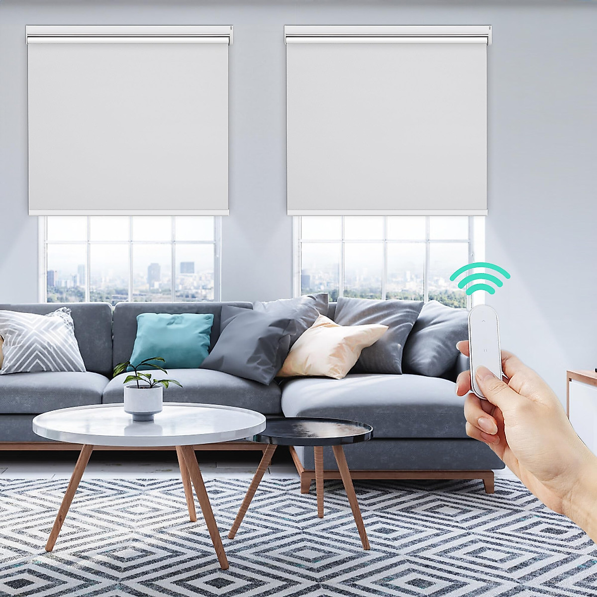 Allesin Motorized Roller Blinds with Remote Control for Windows, Blackout Smart Roller Shade, Battery Powered Electric Smart Blind (White,34" Wx72 H)