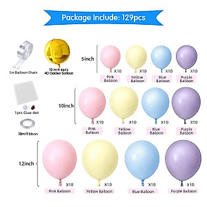 Blue Yellow Pink Purple Balloon Garland Arch Kit, 123PCS Macaron Pink Yellow Blue Purple Pastel Balloons 4D Foil Balloons for Sweet Girls Birthday Bridal Shower Wedding Engagement Party Decoration