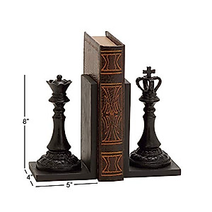 Deco 79 Resin Chess Bookends with King and Queen, Set of 2 5"W, 8"H, Black