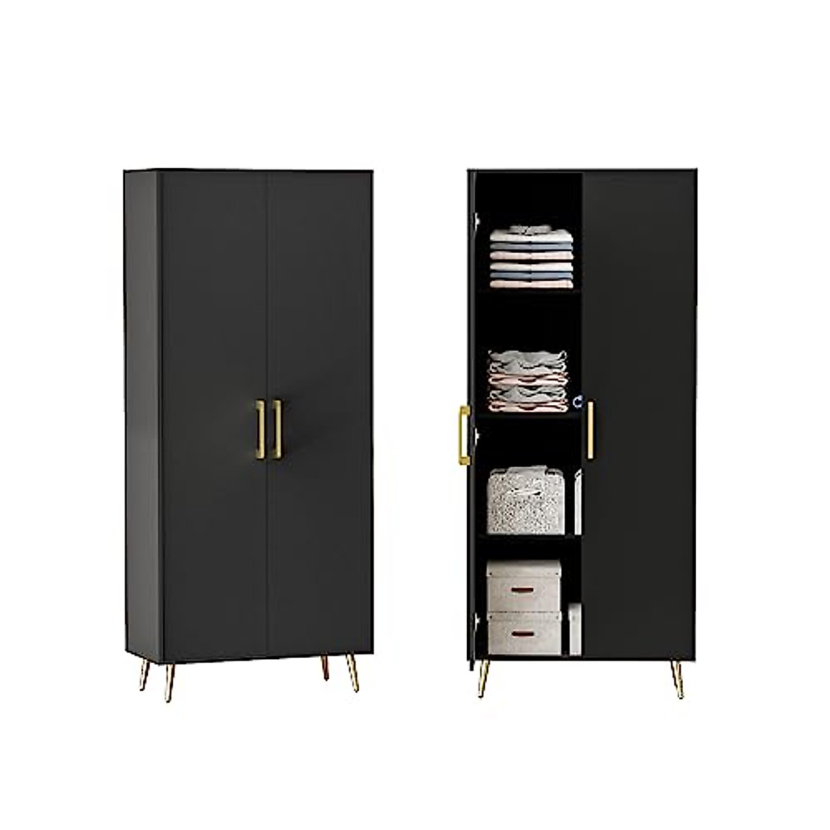 NOVAMAISON 69” Tall Storage Cabinet - Black Storage Cabinet w/ 2 Doors and Adjustable Shelves, Freestanding Kitchen Pantry w/Gold Handles and Legs, Wooden Wardrobe Cabinet for Bedroom, Laundry
