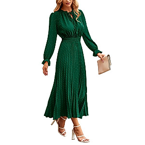 PRETTYGARDEN Women's 2024 Fall Midi Dress Casual Long Sleeve V Neck Swiss Dot Pleated A Line Flowy Dresses (Dark Green,Large)