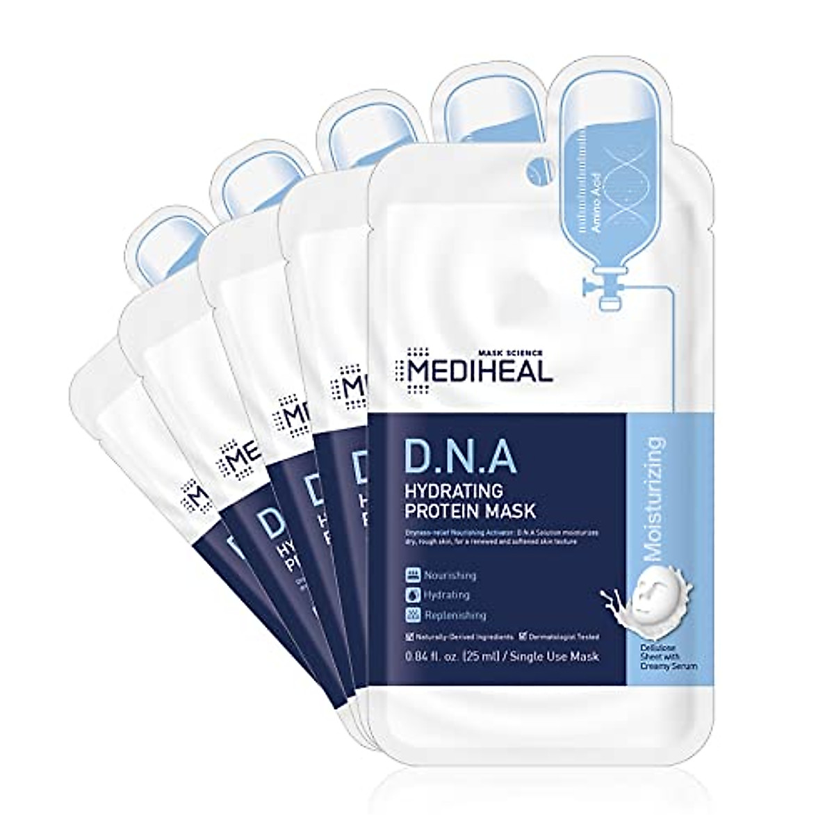 Mediheal Official [Korea's No 1 Sheet Mask] - 5 Pack D.N.A Hydrating Protein Mask/Jojoba Oil & Squalane & Ceramide Contained Skin Nourishing Facial Mask, Bamboo Cellulose Sheet with Creamy Essence