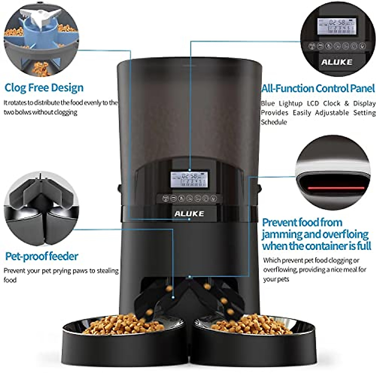 Automatic Cat Feeder for 2 Cats, ALUKE 6.5L Pet Feeder for Cats & Dogs Dry Food Dispenser with Desiccant Bag, Stainless Steel Bowls & Lock Lid, Dual Power Supply 10s Meal Call 6 Meals Per Day