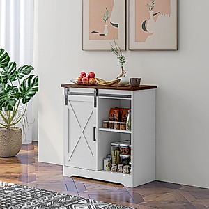 HOMCOM Farmhouse Coffee Bar Cabinet, 33" Buffet Sideboard with Sliding Barn Door and Adjustable Shelf, Kitchen Buffet Cabinet, White