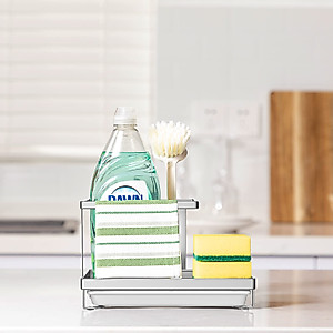 Oyydecor Kitchen Sink Caddy, 304 Stainless Steel Sponge Holder Organizer Countertop Soap Dish Rack Drainer with Drain Pan for Dish Rag Scrub Brush and Hand Sanitizer (Silver)