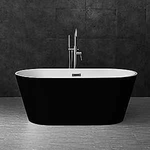 WOODBRIDGE B-1814 59" Acrylic Freestanding Bathtub Contemporary Soaking Tub with Brushed Nickel Overflow and Drain BTA1814-B,Black
