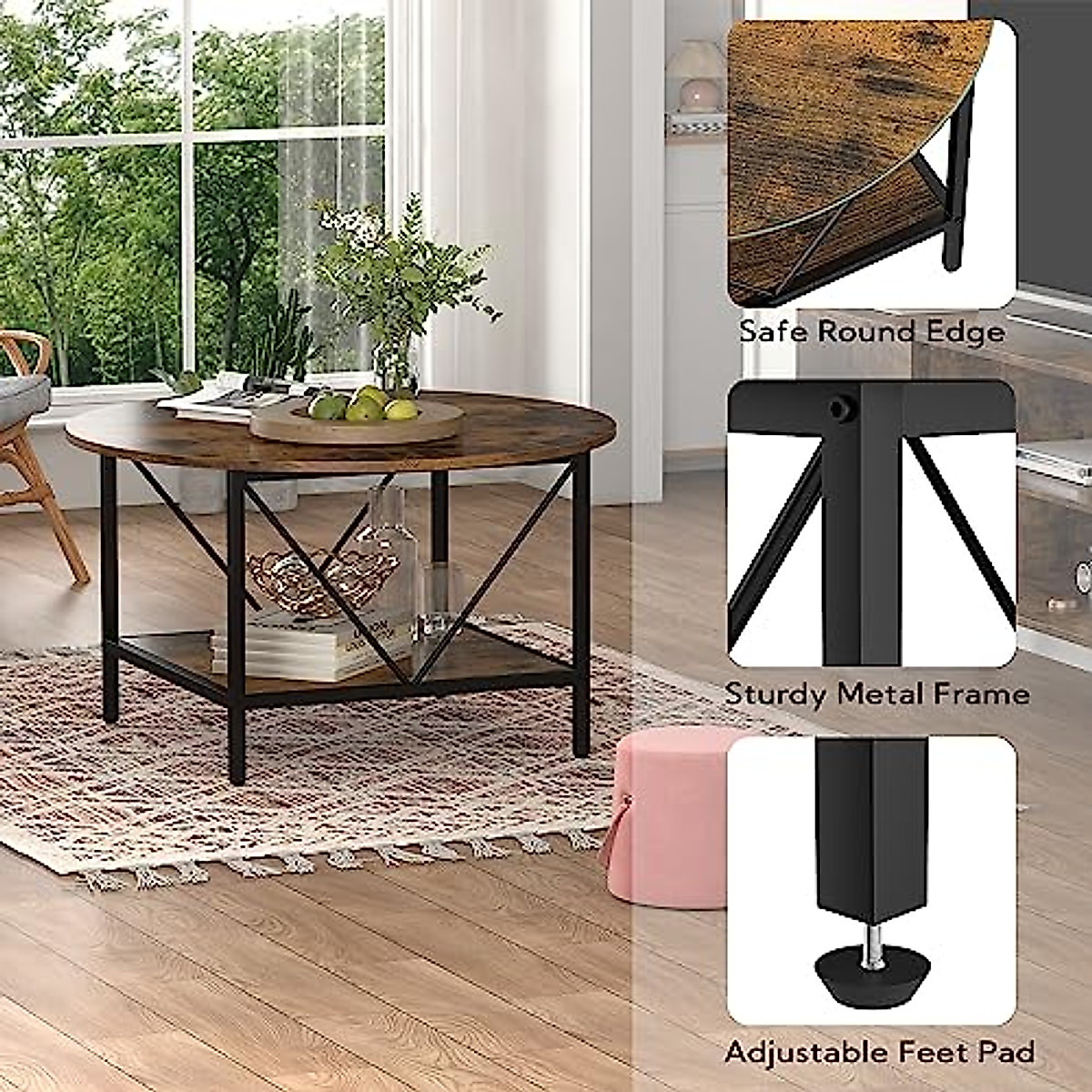 Yusong Round Coffee Table for Living Room, Farmhouse Circle 32 Inch Coffee Tables with Storage Shelf, 2-Tier Modern Center Table Easy to Assemble, Rustic Brown and Black