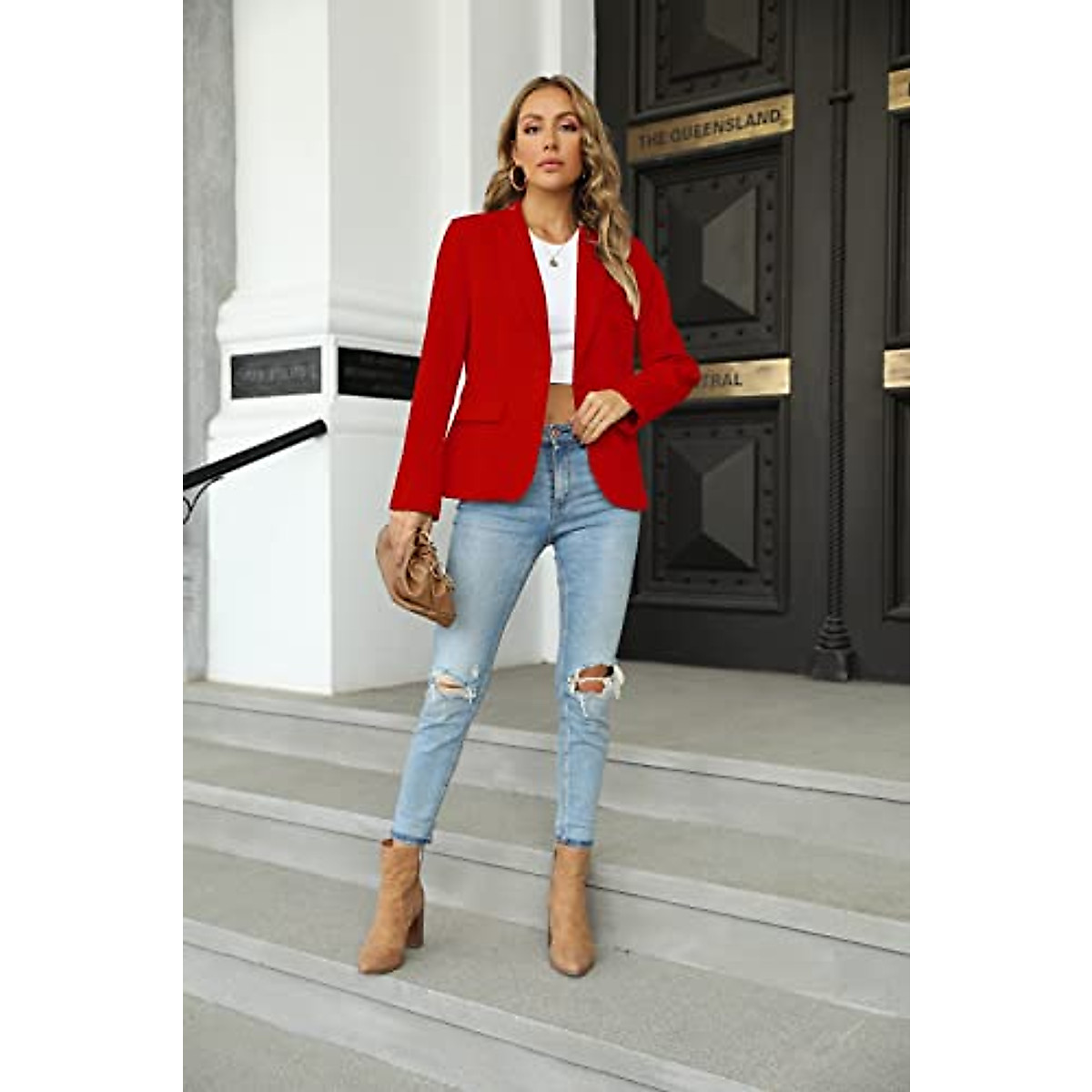Womens Casual Blazers Long Sleeve Lapel Button Slim Work Office Blazer Jacket(Red,Large)