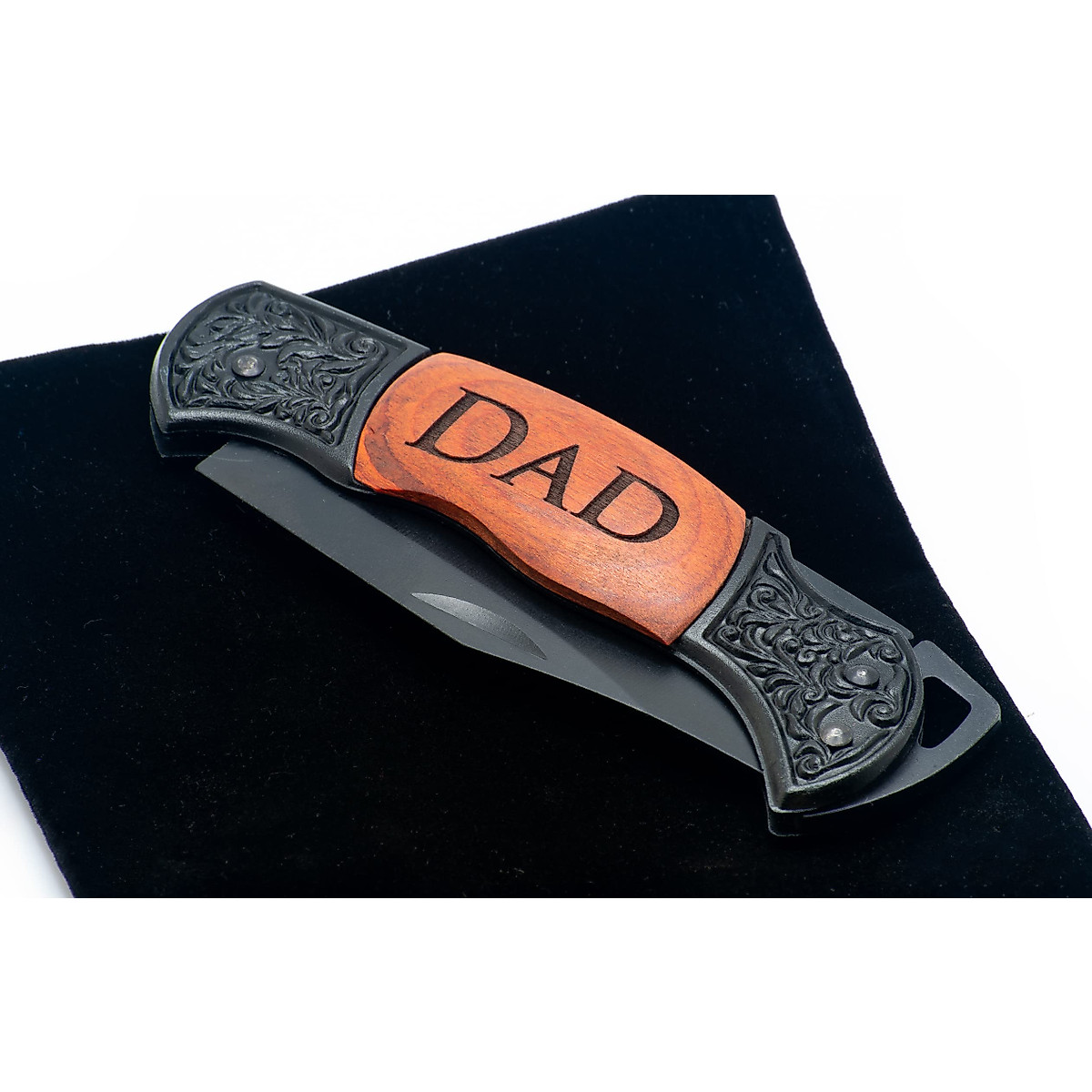 Generic Dad Engraved Rosewood Black Steel 7 Inch Folding Pocket Knife w/ 3 in. Locking Blade (Dad)