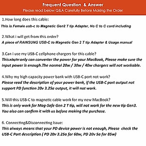 RAINSUNG Female USB C to Gen 2 T Tip Cable Adapter for MacBook Air Pro Charger 60W 45W, USB-C to T-Head Charging Cable for Pro 11 inch 13-Inch 2012-2016 Retina Display